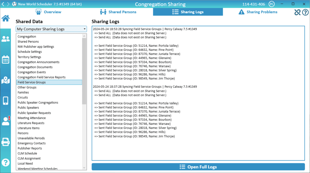 NW Scheduler | Congregation Sharing Logs