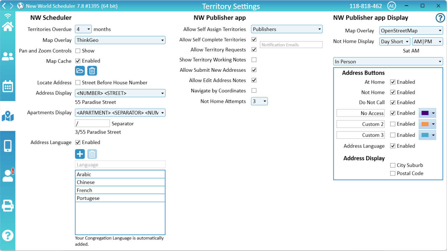 NW Scheduler | Territory Settings